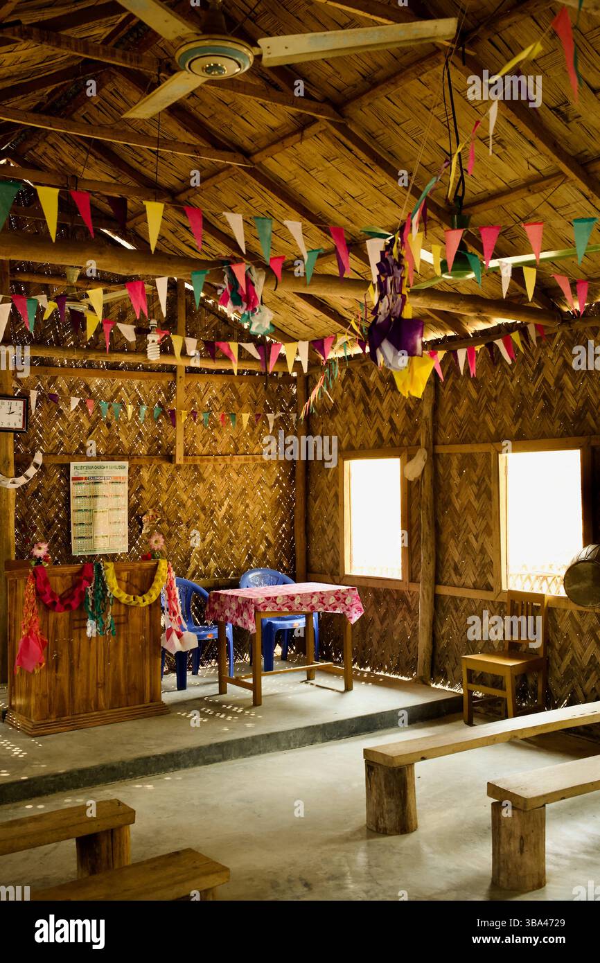 Decorated bamboo-walled church interior in Laimi Para, a Mizo village ...