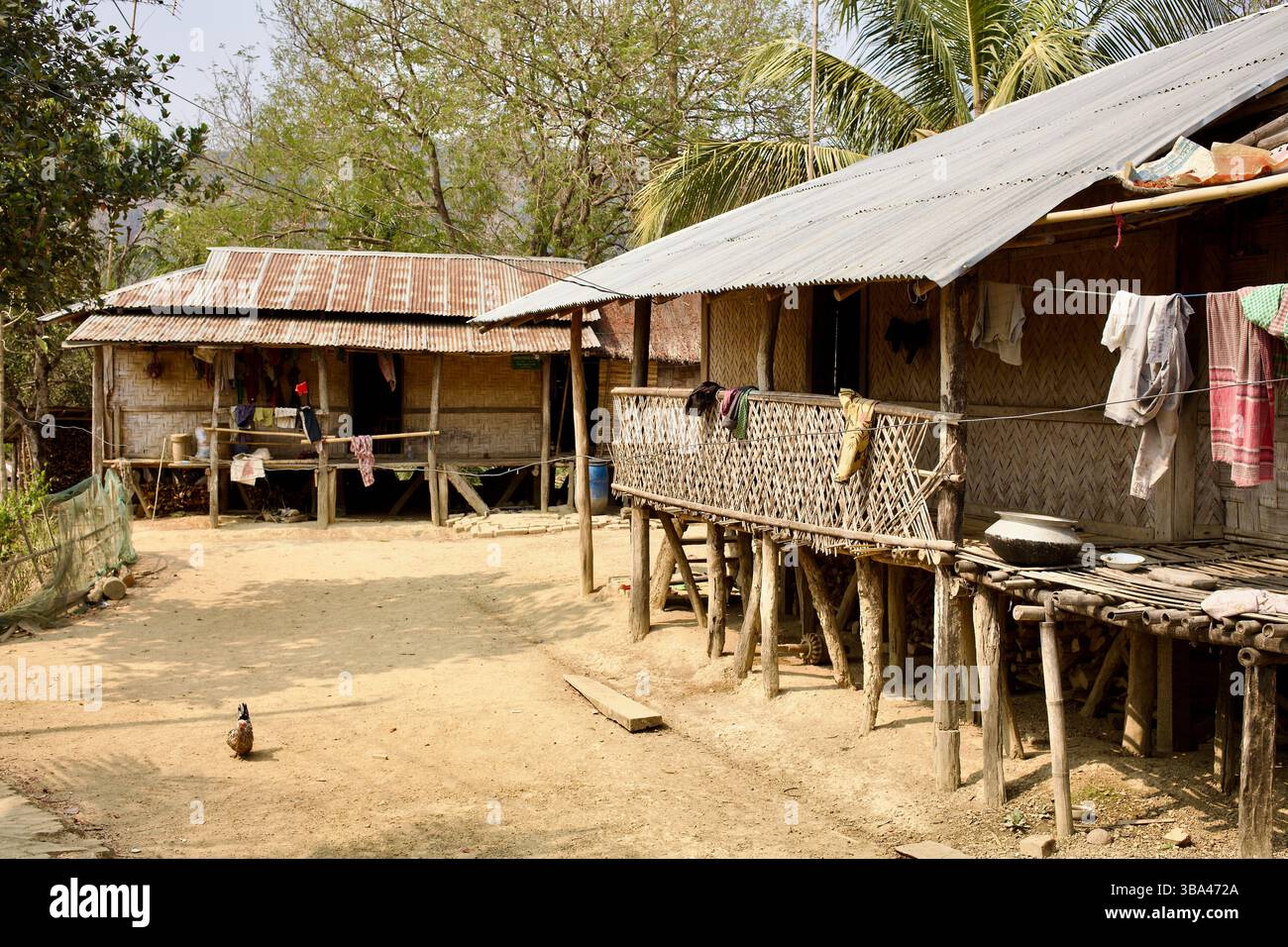 Stilted bamboo houses with tin roofs in Laimi Para, Bandarban, reflect ...