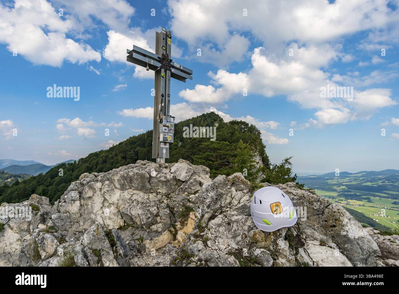 Climbing on the Drachenwand via ferrata at the beautiful Mondsee Stock ...