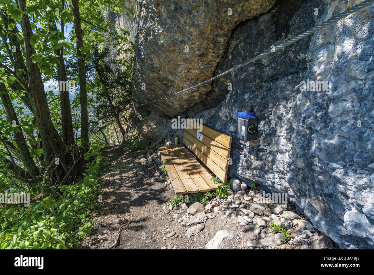 Climbing the via ferrata Kaenzele in Bregenz near Lake Constance Stock ...