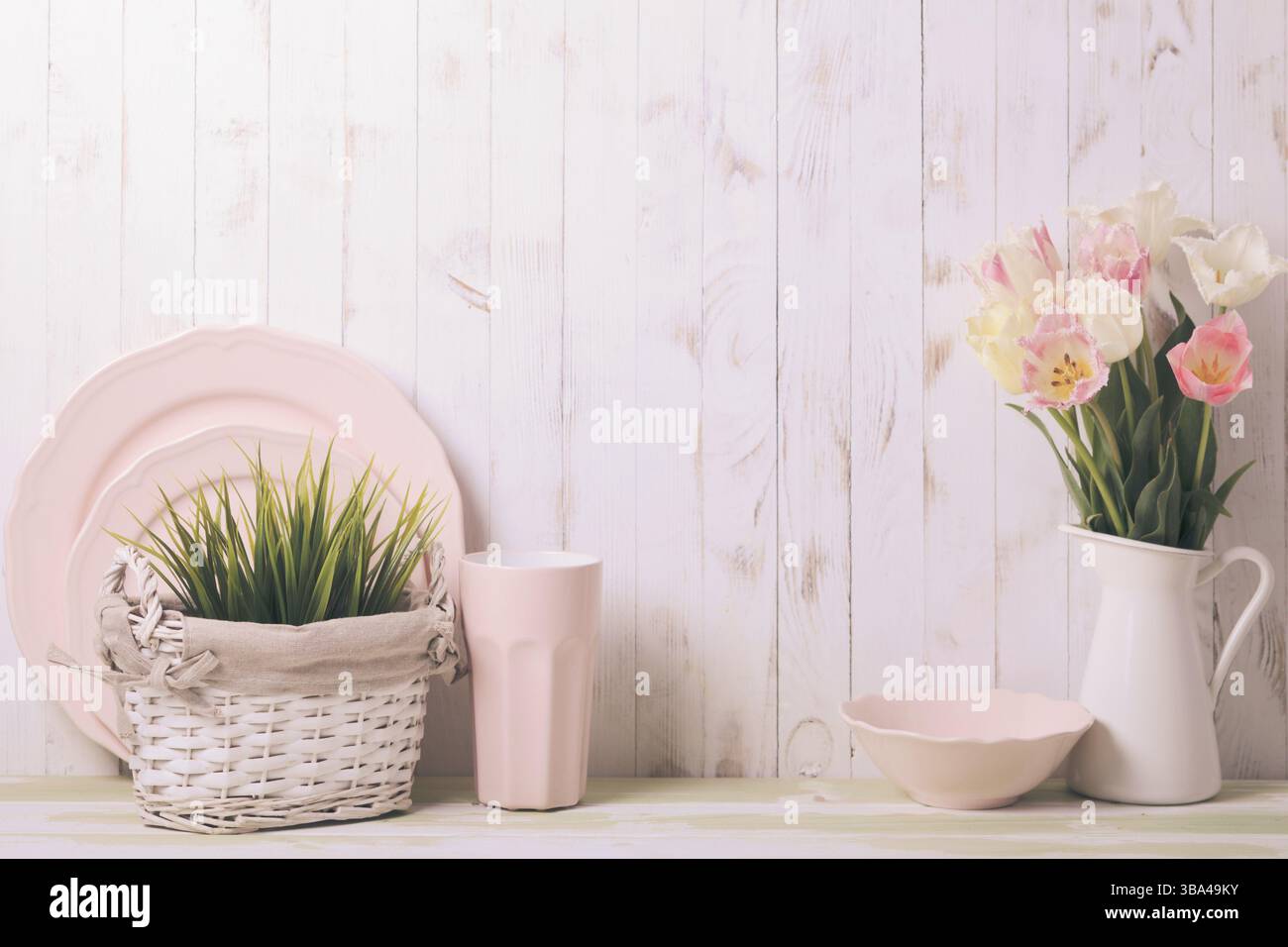 Kitchen table top in rustic shabby chic style, pink decorations Stock ...