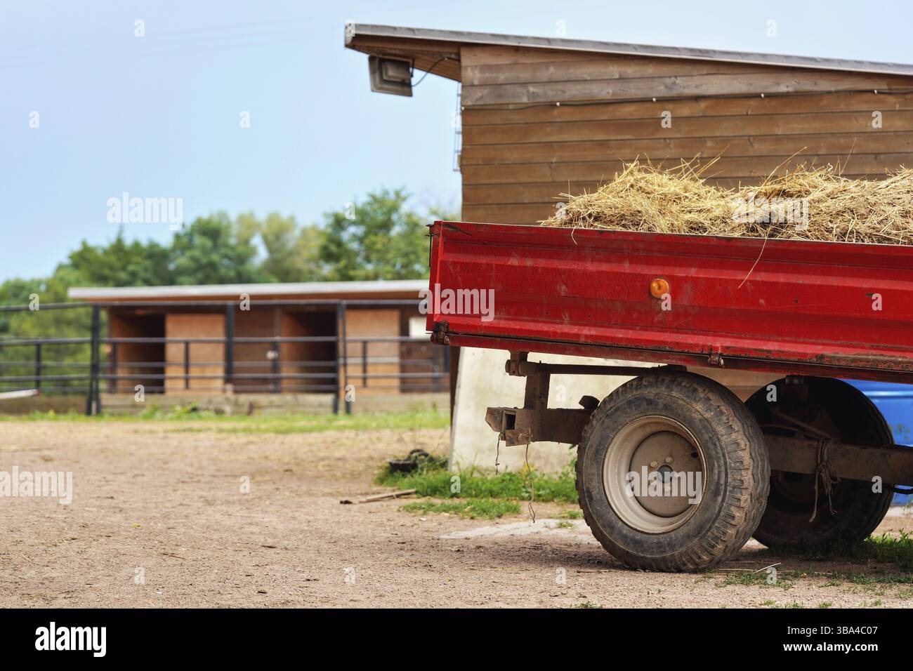 Red truck trailer with hay parked on farm, blurred stables background ...