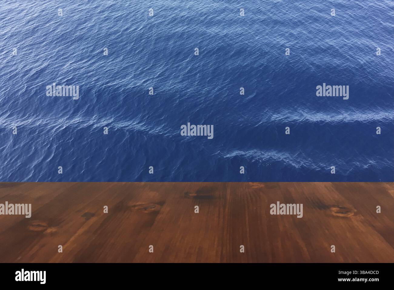 Old brown oak wood deck table on the blue sea background, wooden table ...
