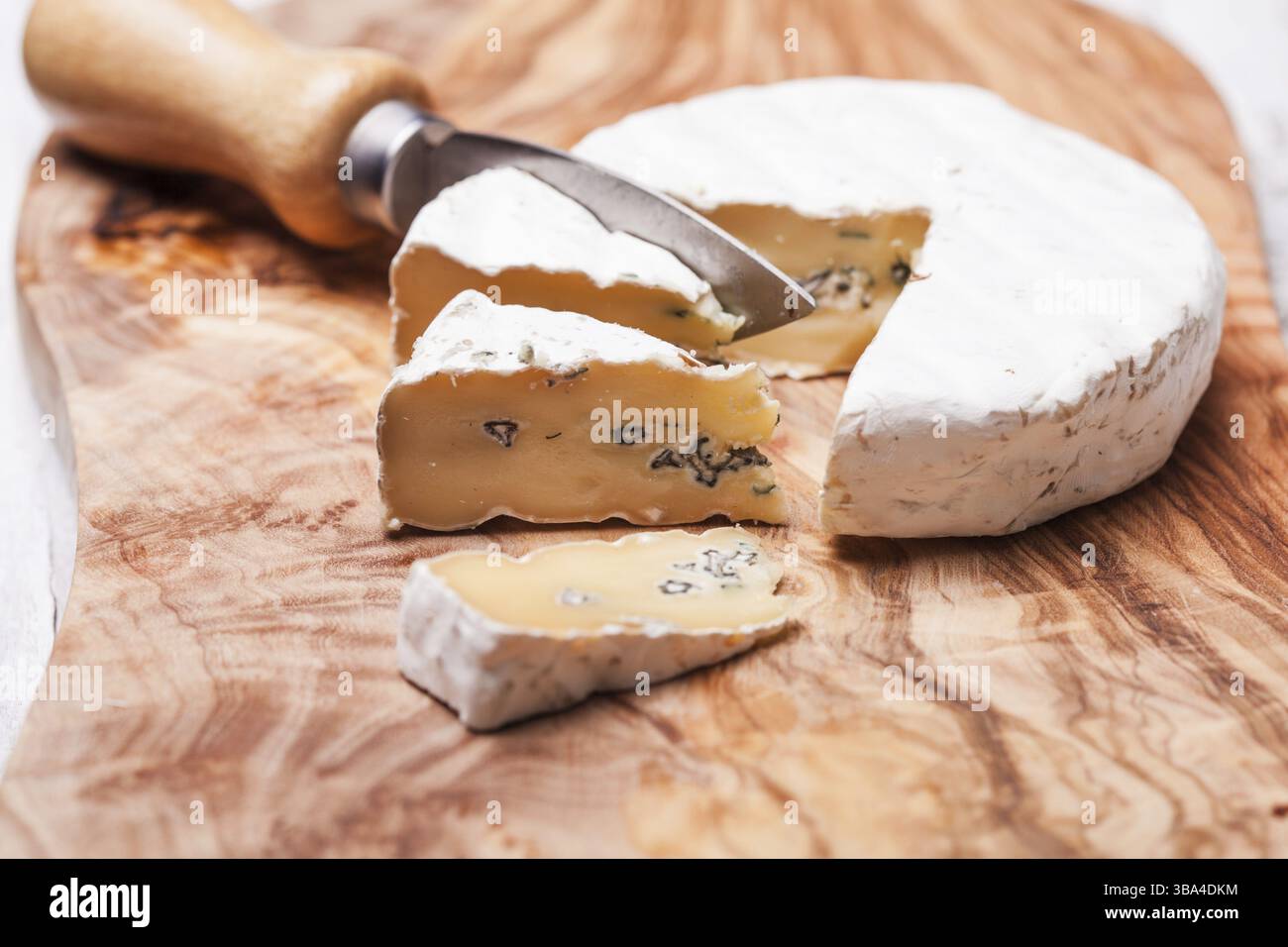 Soft cheese containing veins of blue mold and a firm white skin. Two ...