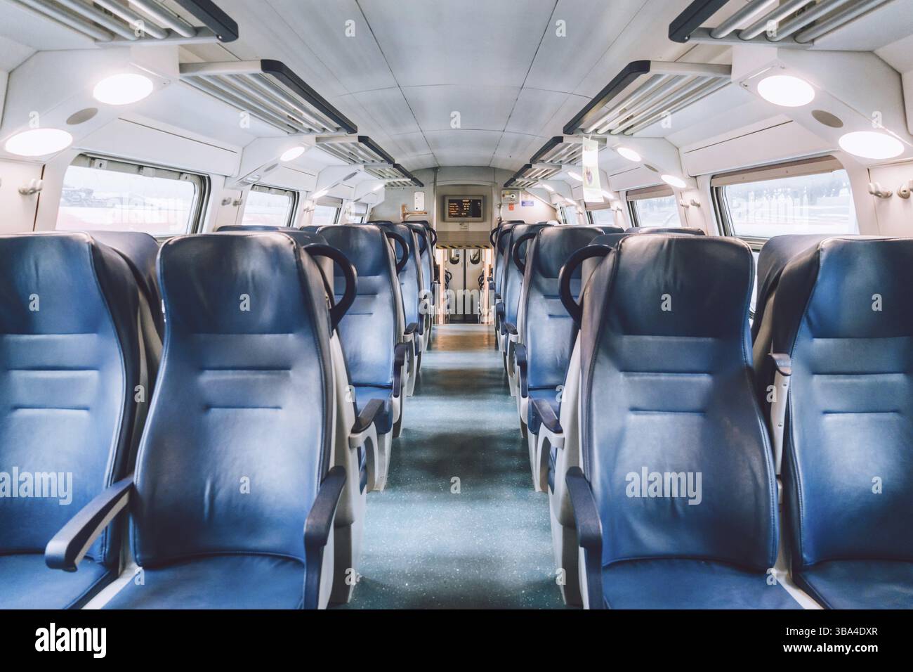 Interior of railway passenger car of the second class in train in ...