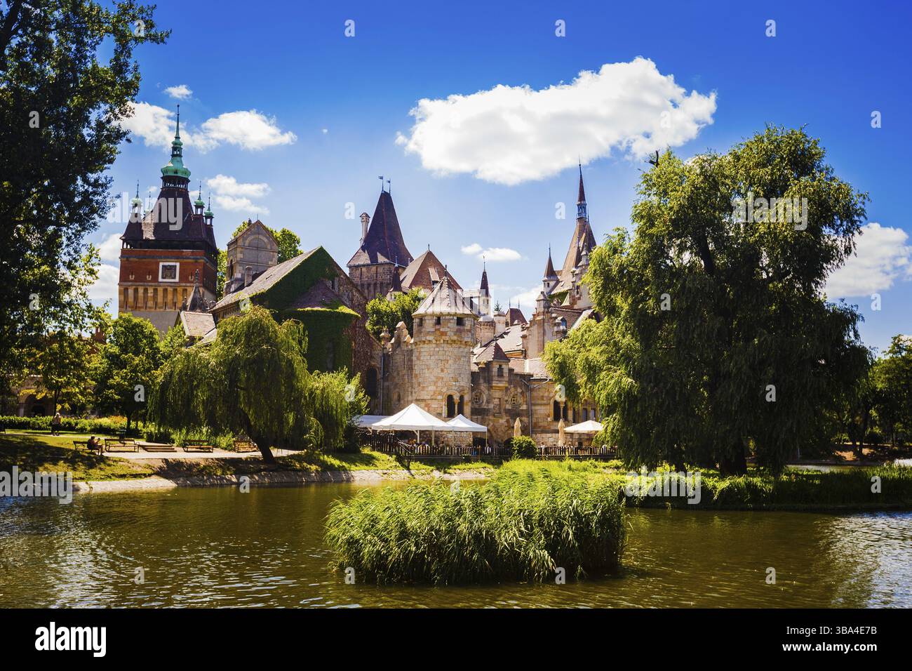 Beautiful medieval castle on the lakefront. City Park of Budapest ...