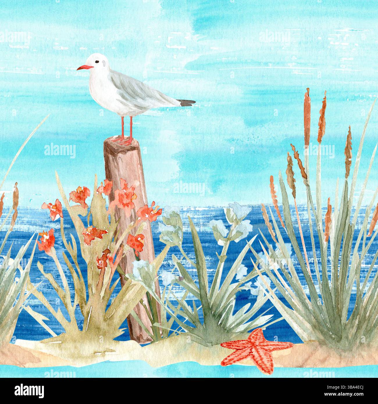 Coastal grass, seagull on a wooden post, sea watercolor seamless border ...