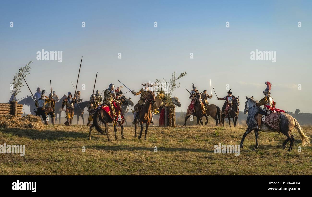 Gniew, Poland, Aug 2020 Polish heavy cavalry, Hussars sword fighting on ...