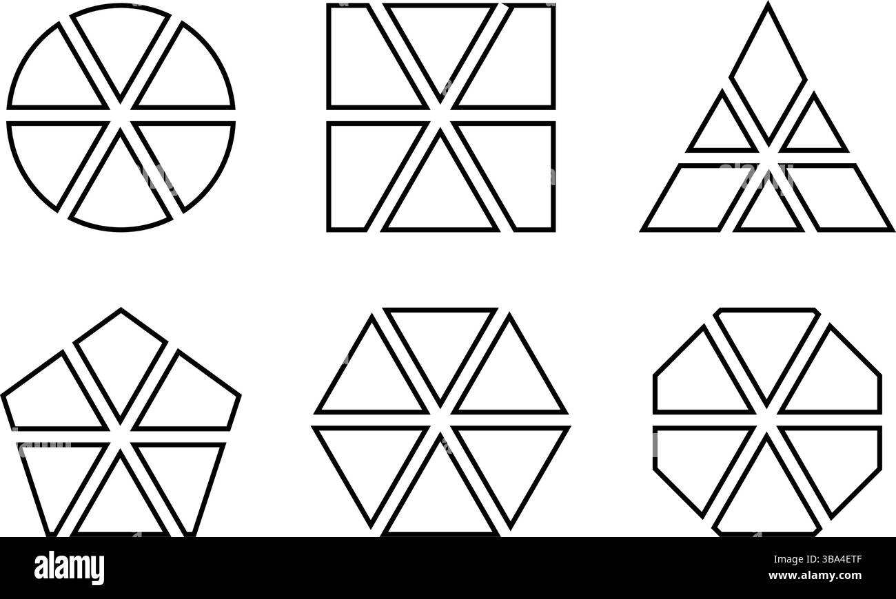Geometric shapes divided into 6 sectors isolated on white background. Round, square and triangle ...