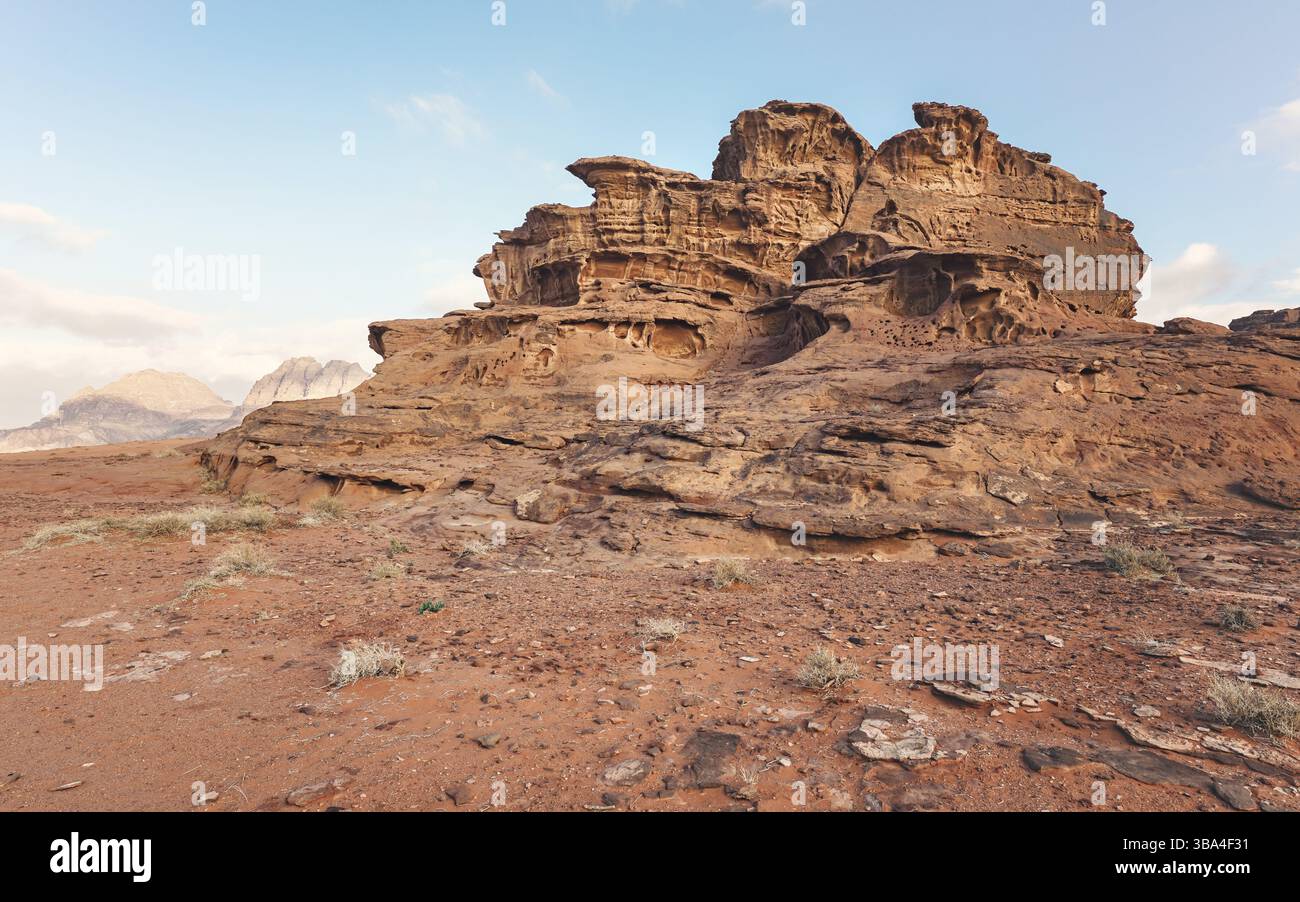 Red orange sandstone rocks formations in Wadi Rum also known as Valley ...