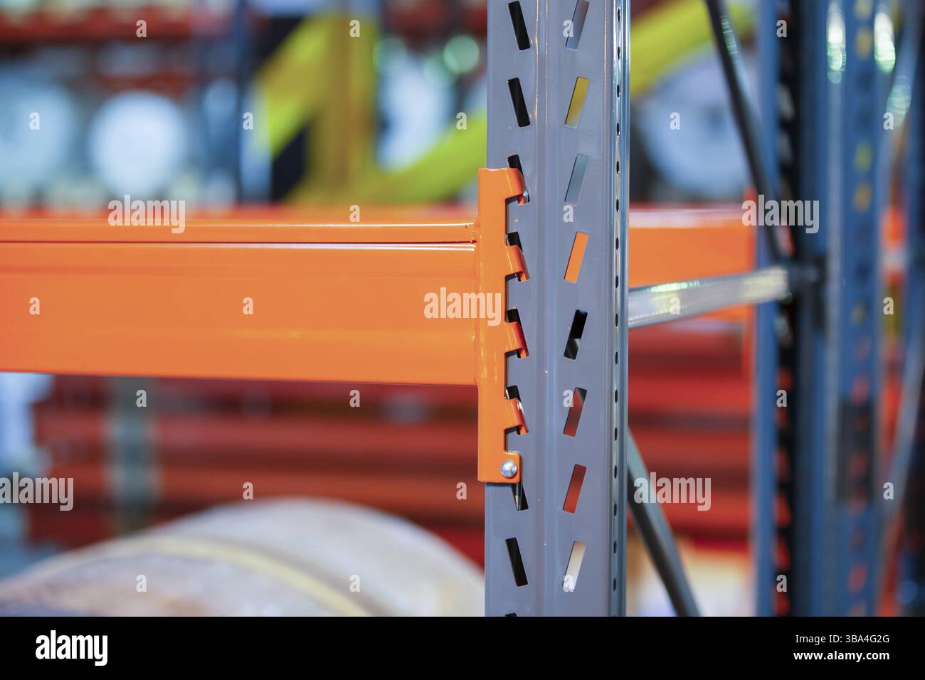 Metal joints of warehouse shelves Stock Photo - Alamy