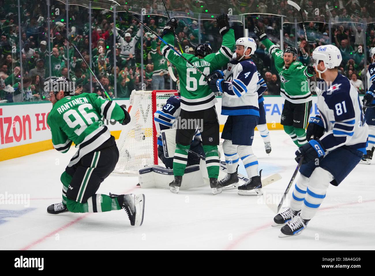 Dallas Stars' Mikko Rantanen (96), Mikael Granlund (64) and Roope Hintz ...