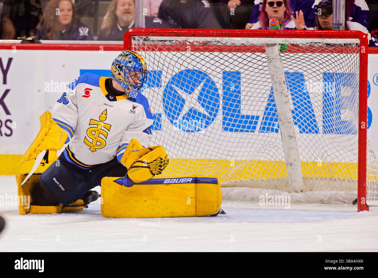 Toronto Sceptres goaltender Kristen Campbell watches the puck go past ...