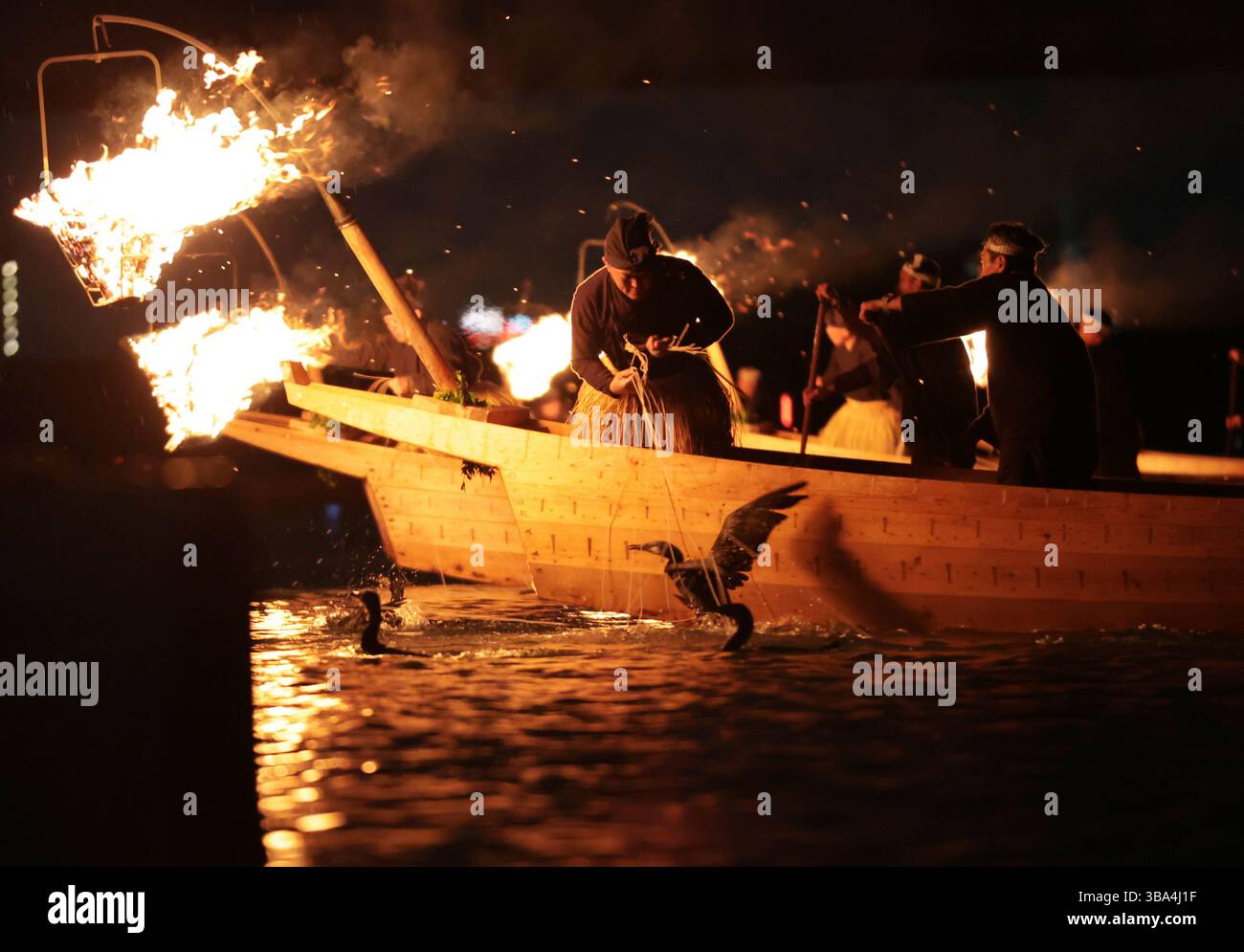 The cormorant fishing on Nagara River begins with bonfires lighting up ...