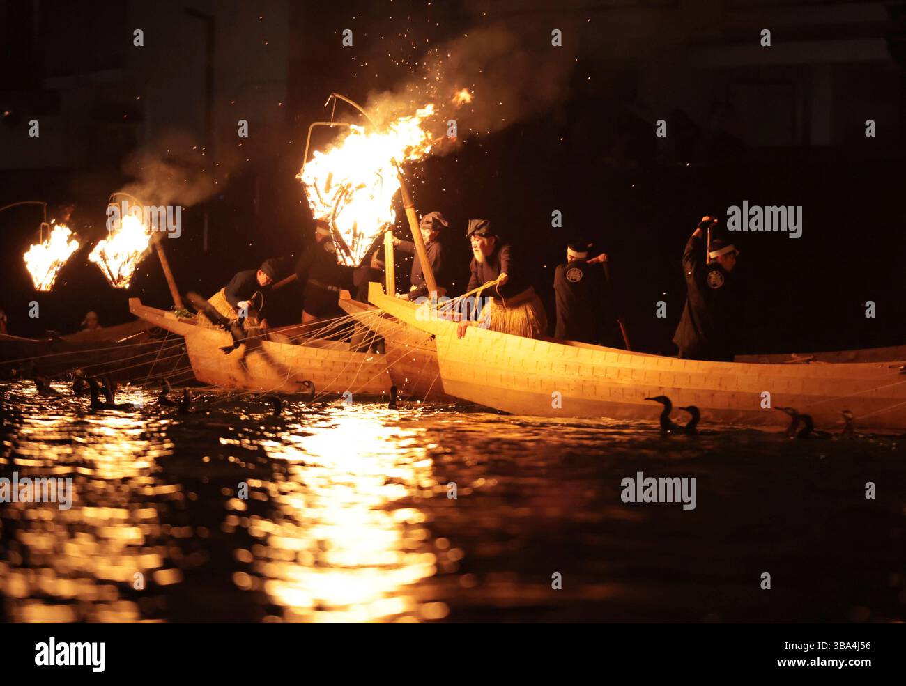 The cormorant fishing on Nagara River begins with bonfires lighting up ...