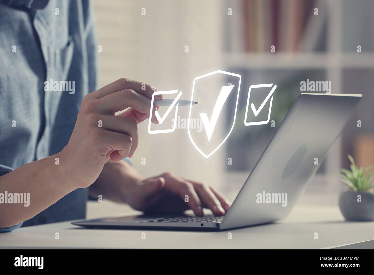 Approved. Man using laptop and touching virtual screen with check marks ...