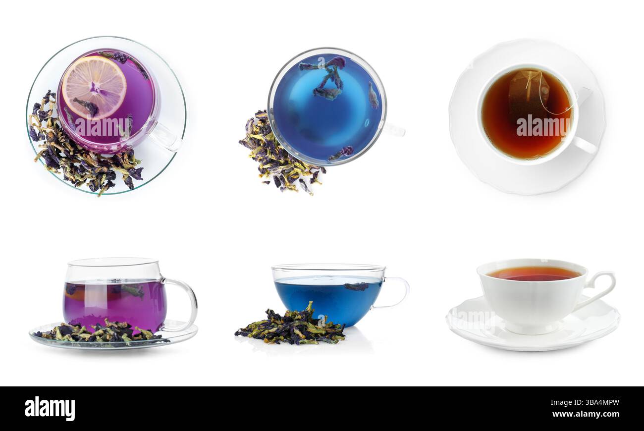 Different types of tea isolated on white, collage Stock Photo - Alamy