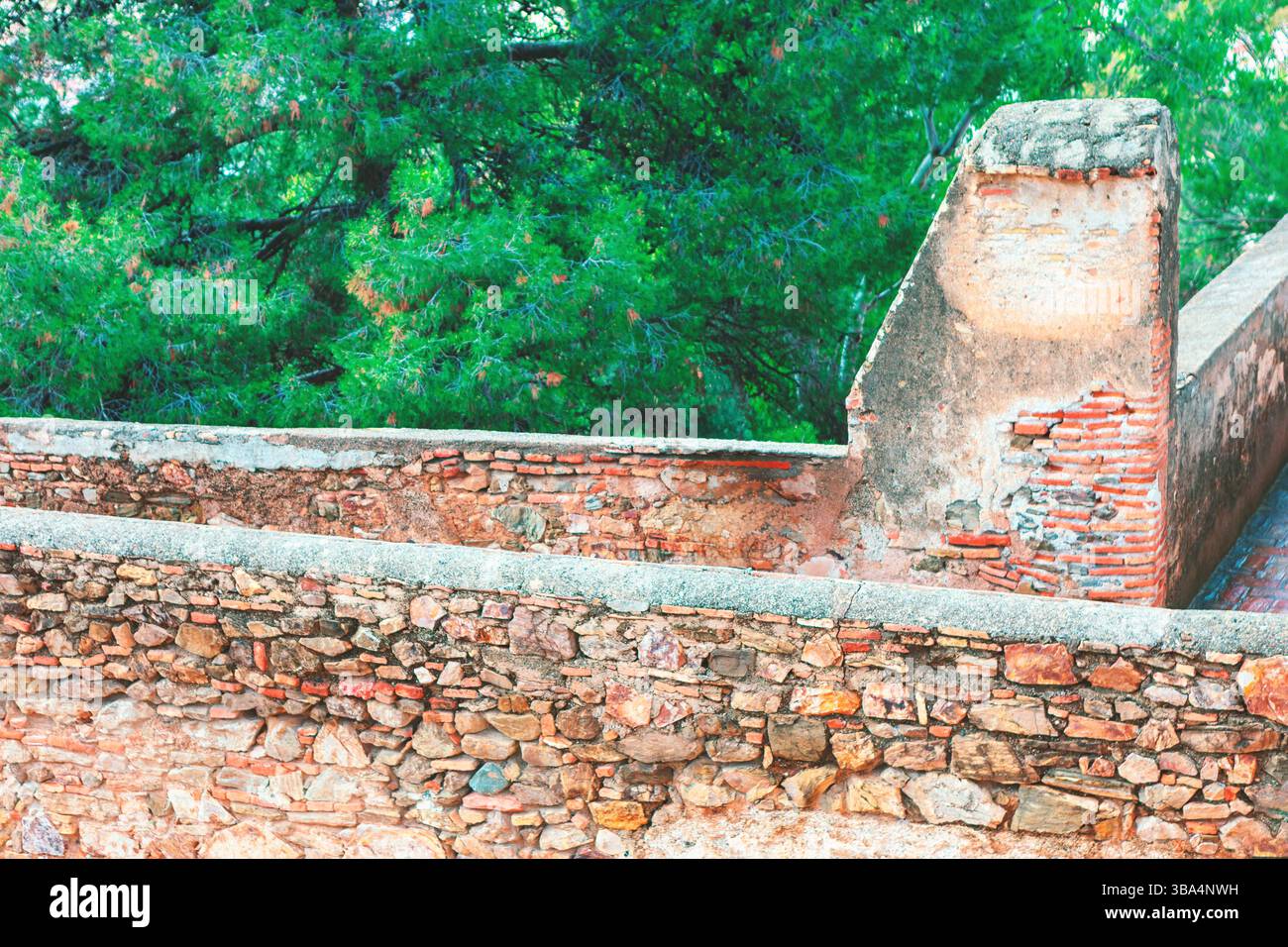 Weathered brick stone wall, with protruding section and flat top ...