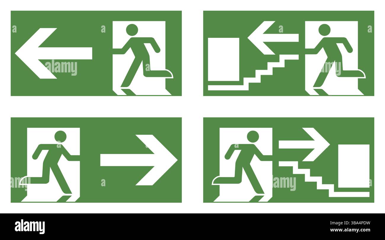 Emergency exit safety sign. White running man icon on green background ...