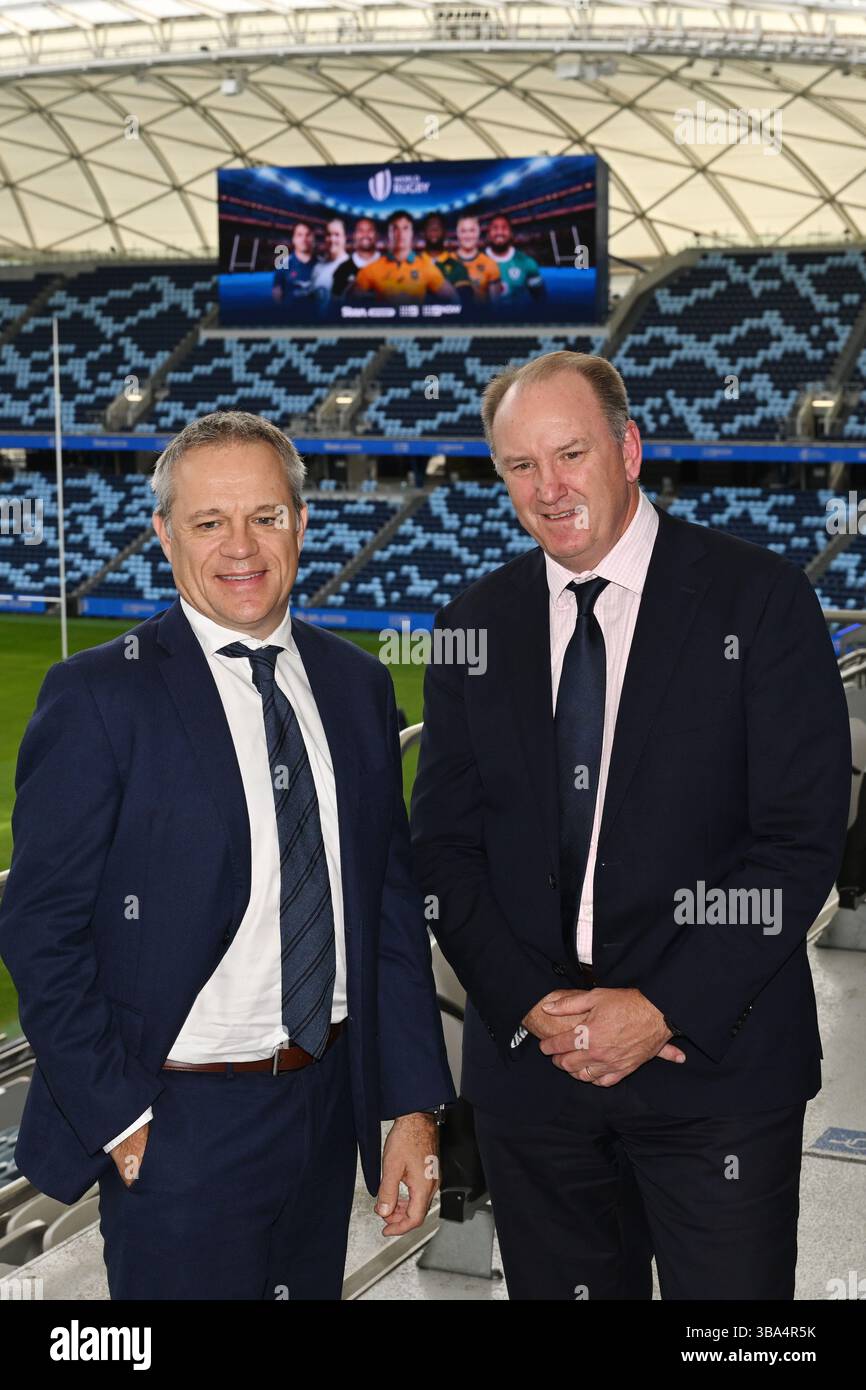 Nine CEO Matt Stanton (left) and World Rugby chair Brett Robinson ...