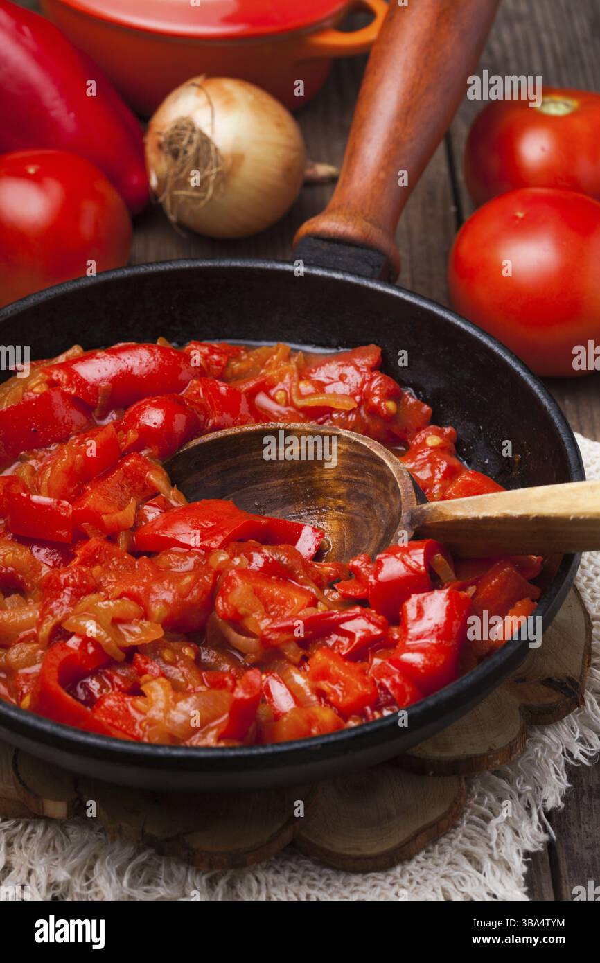 Letcho ingredients and dish in rustic pan Stock Photo - Alamy