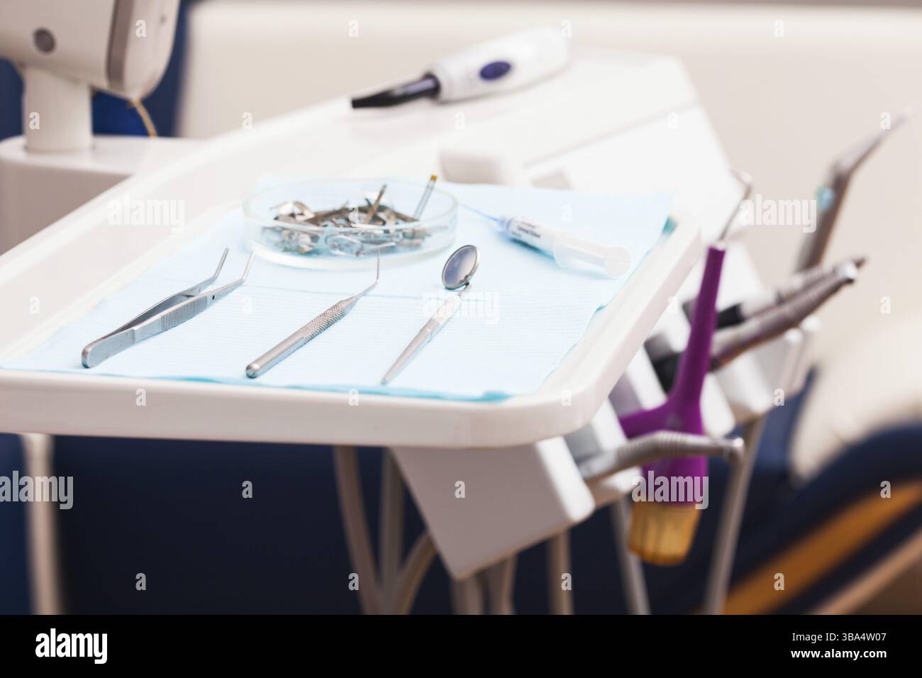 Dental instruments probe, tweezer, syringe and dental mirror for test ...