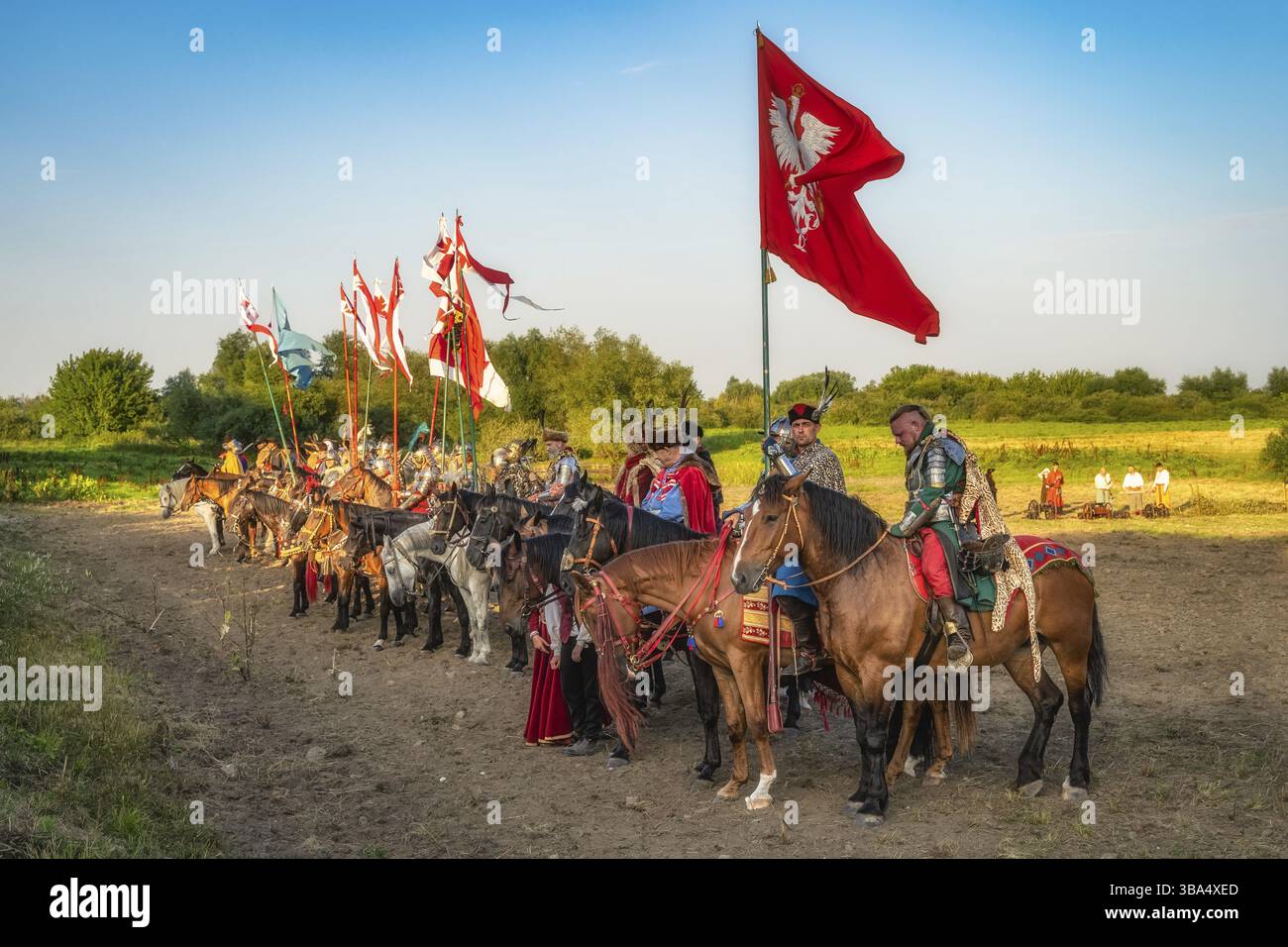 Gniew, Poland, Aug 2020 Polish Hussars, heavy cavalry, presenting their ...