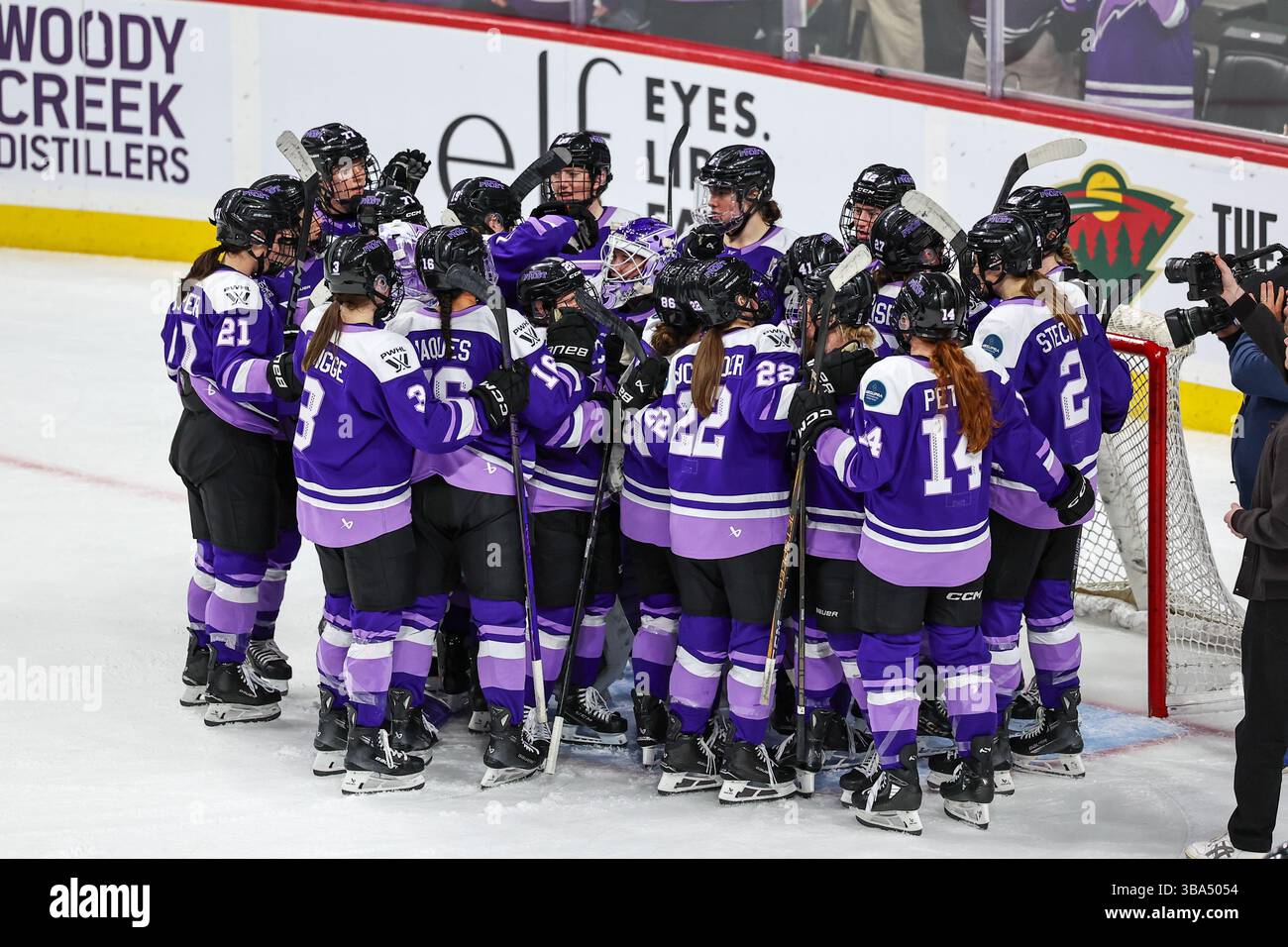 May 11th, 2025: The Minnesota Frost celebrate the win after a PWHL semi-finals playoff hockey ...