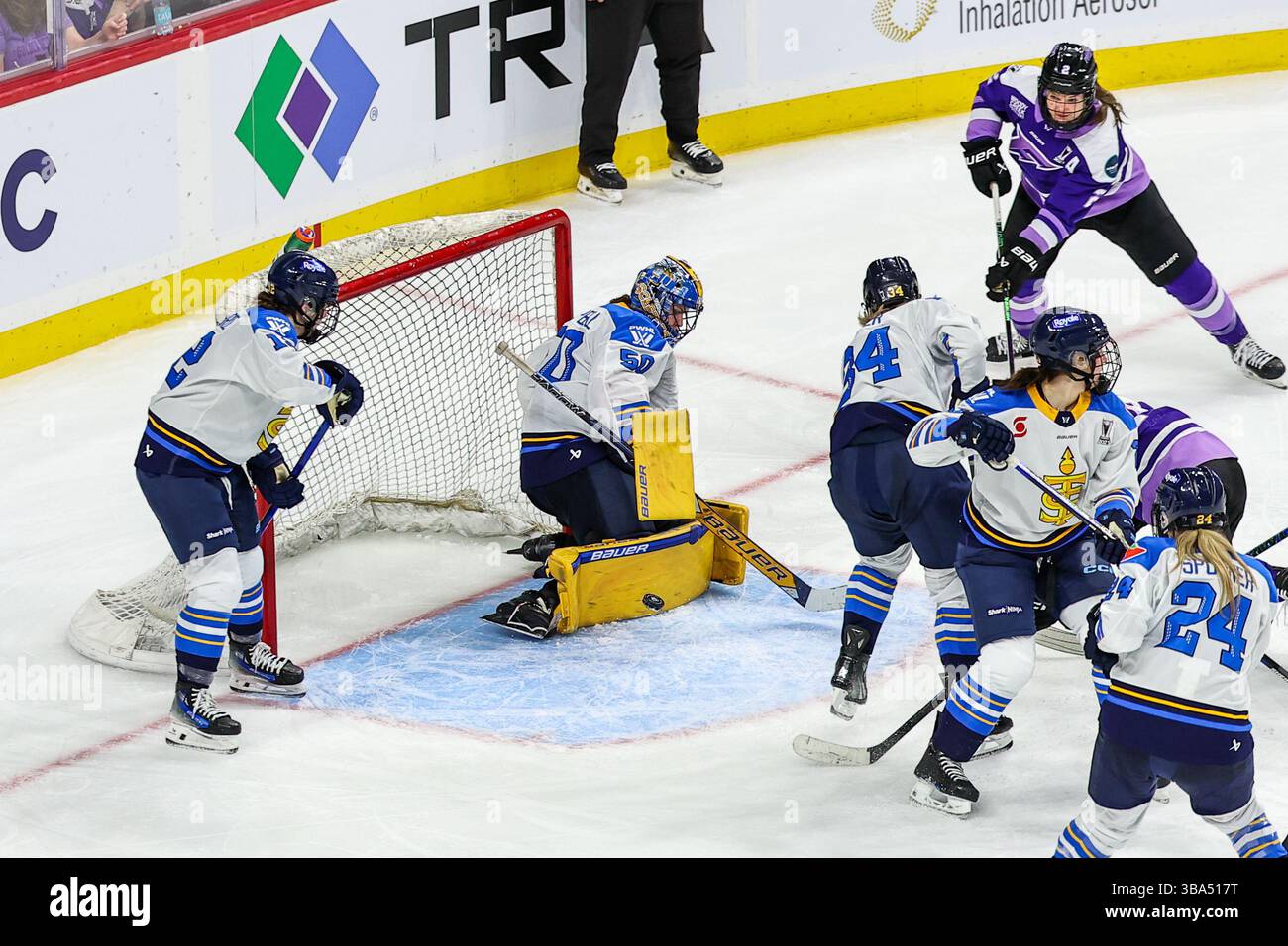 May 11th, 2025: Toronto Sceptres goalie Kristen Campbell (50) makes a save during a PWHL semi ...