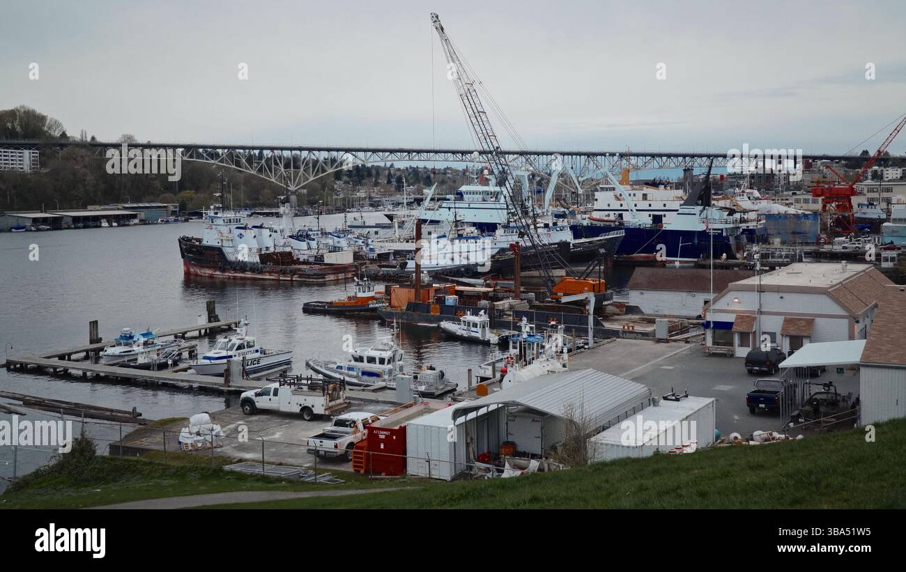 SEATTLE, WASHINGTON - APRIL 10, 2017 - Shipyard in Seattle with patrol ...