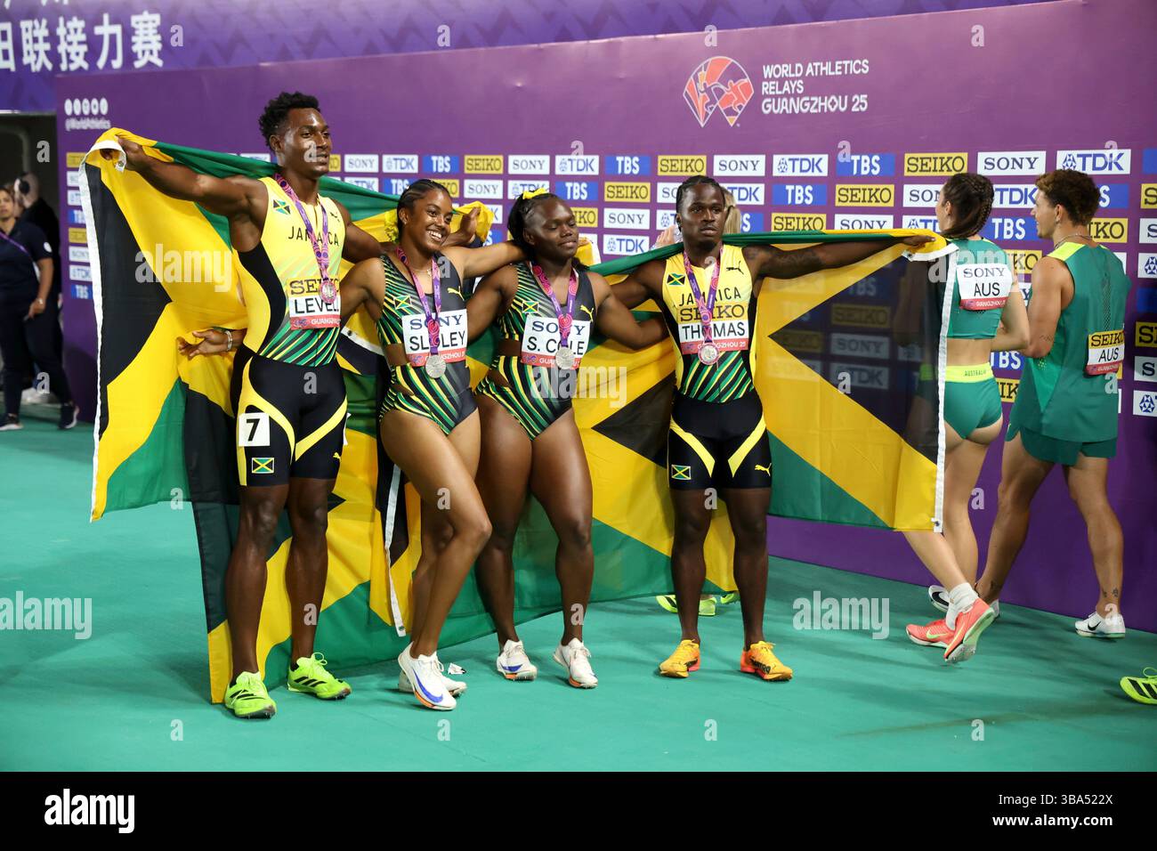 From left, Jamaican sprinters Bryan Levell, Krystal Sloley, Serena Cole ...