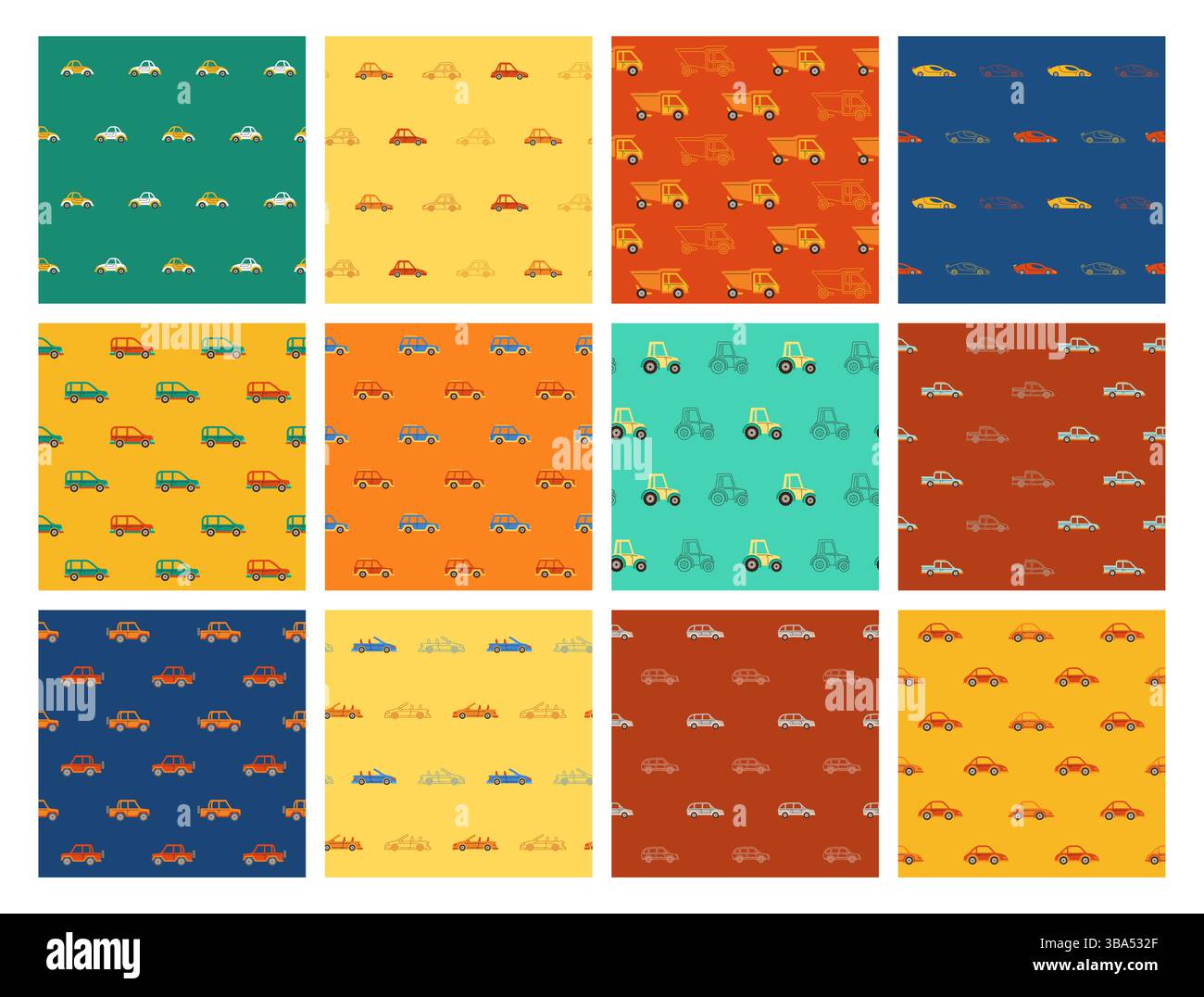 Set of different seamless patterns with Cars. Car Cabriolet, beetle ...