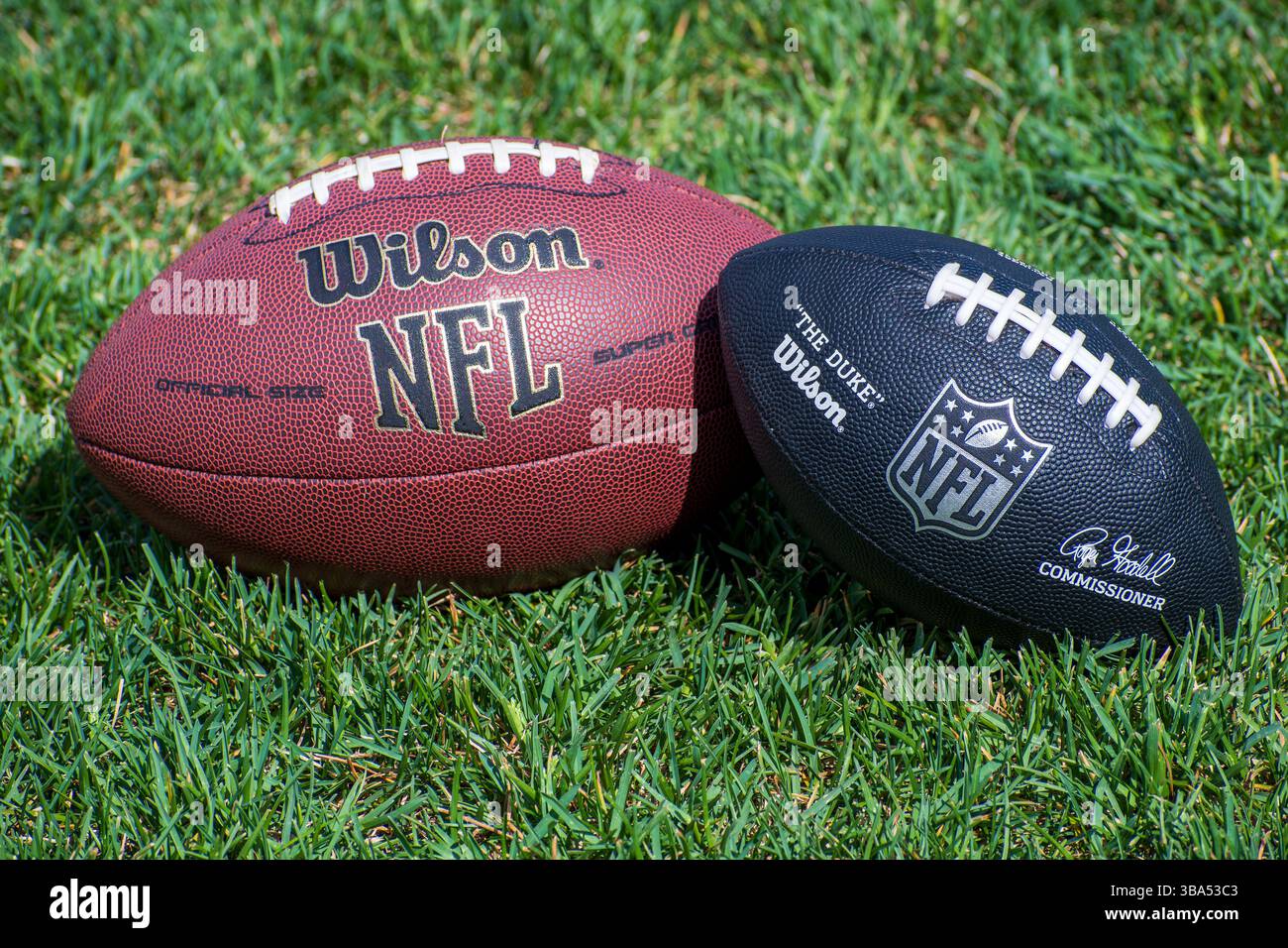 LOS ANGELES, CALIFORNIA, USA – MAY 11, 2025: Two official NFL footballs ...