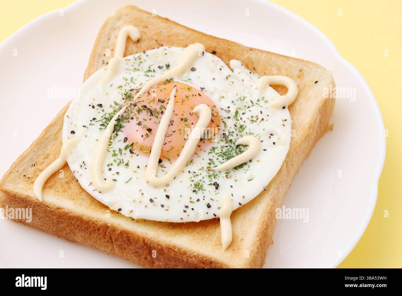 toast bread for breakfast and fried egg with mayonnaise on a plate on ...