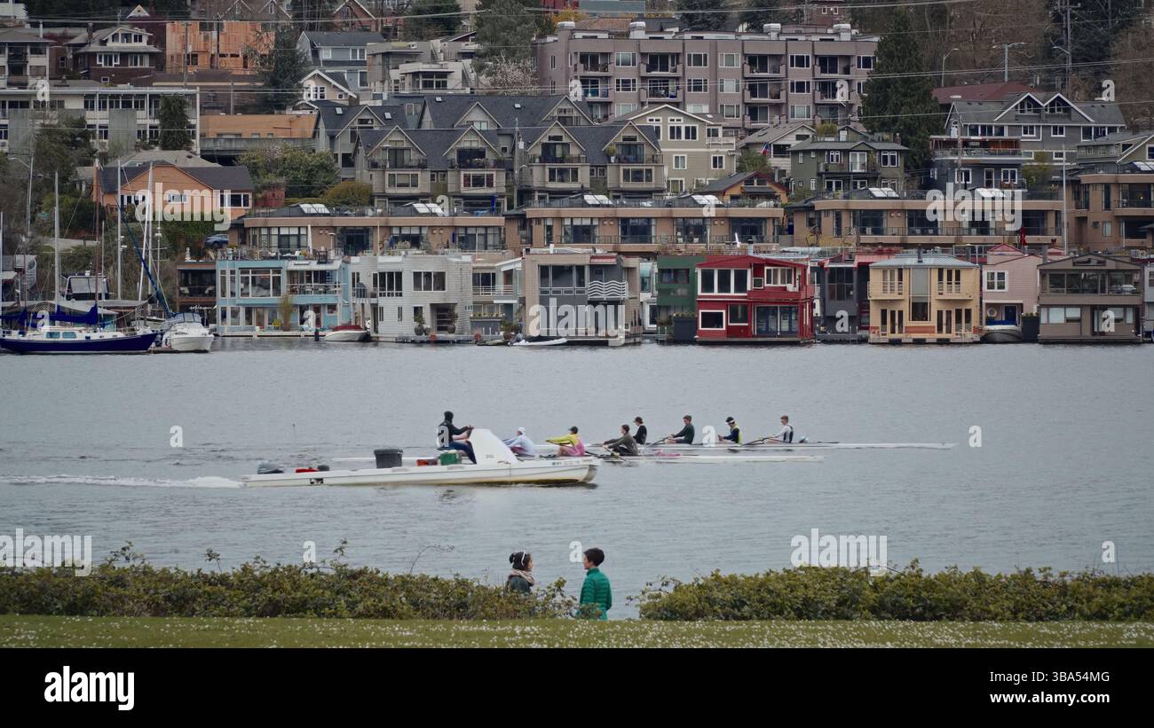 SEATTLE, WASHINGTON - APRIL 10, 2017 - Rowing team training on Lake ...