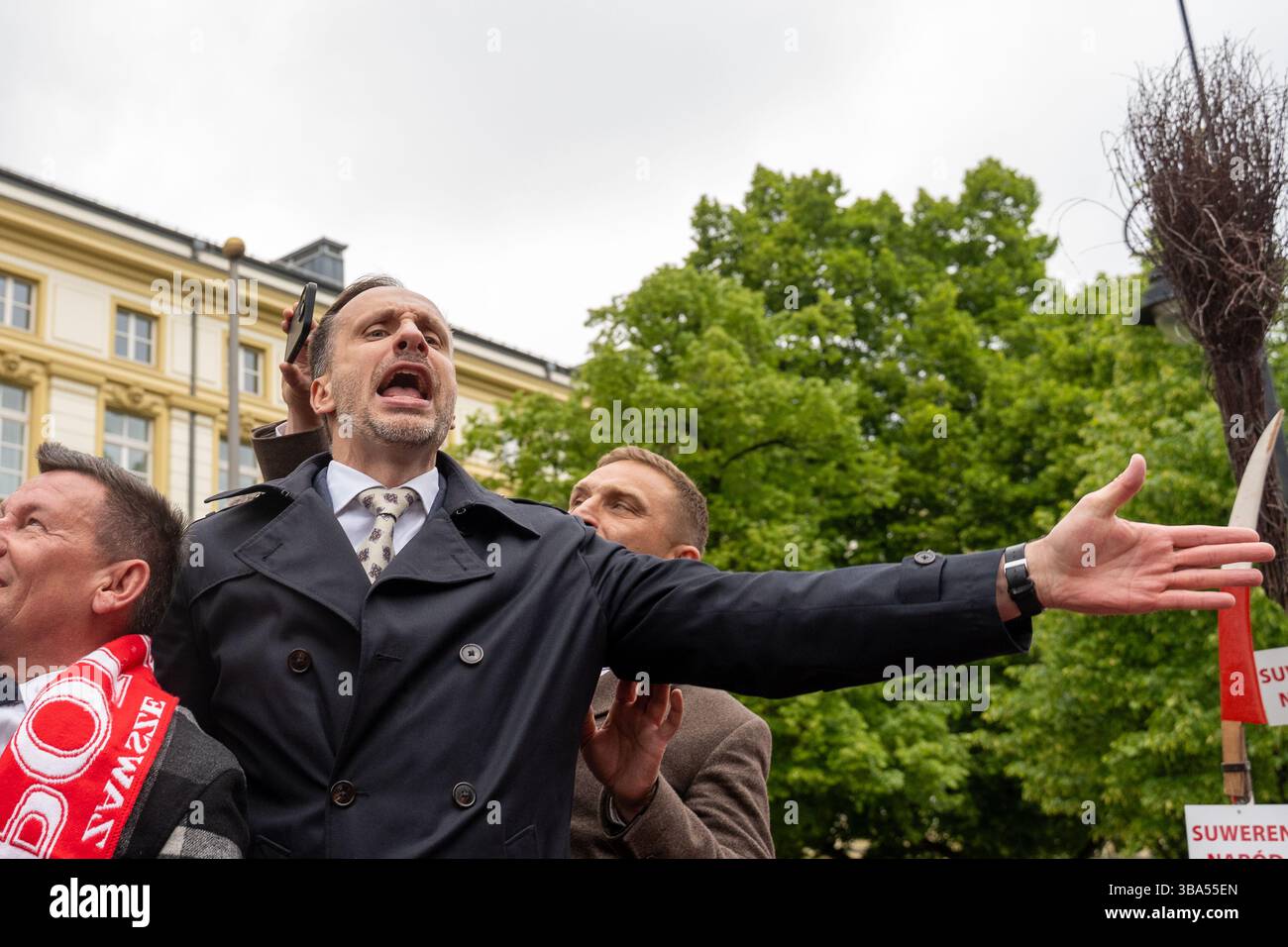 Janusz Kowalski speaks during the anti-migration protest. Nationalist ...