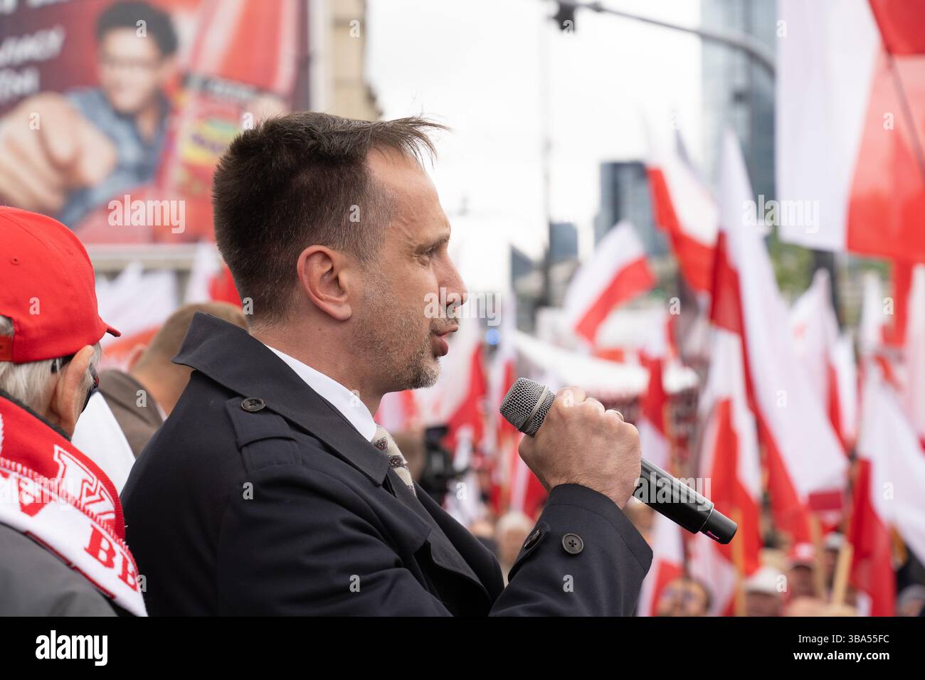 Janusz Kowalski speaks during the anti-migration protest. Nationalist ...