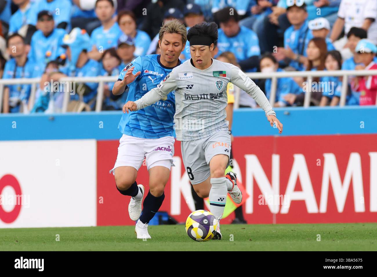 Kanagawa, Japan. 10th May, 2025. (L-R) Keijiro Ogawa (Yokohama FC), Kazuya Konno (Avispa ...