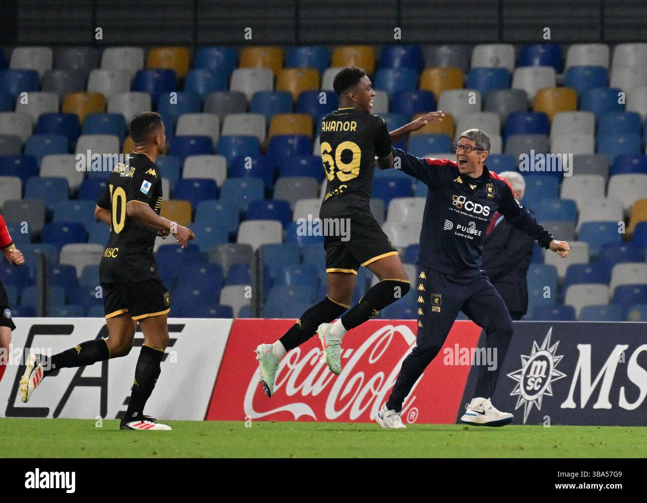 Naples, Italy. 11th May, 2025. Genoa's Honest Ahanor (C) celebrates the ...