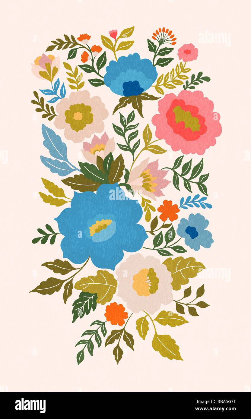 Colorful Folk Floral Bouquet Flat Vector Illustration of Decorative ...