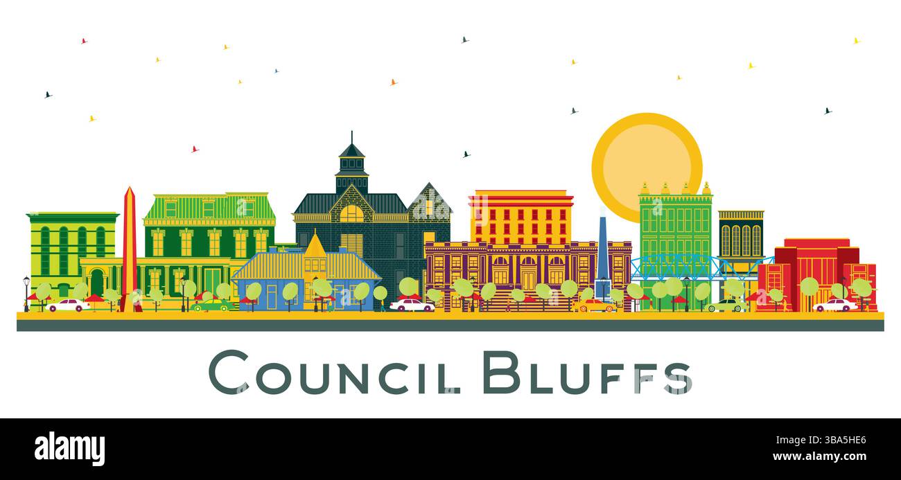 Council Bluffs Iowa Skyline with Color Buildings isolated on white ...