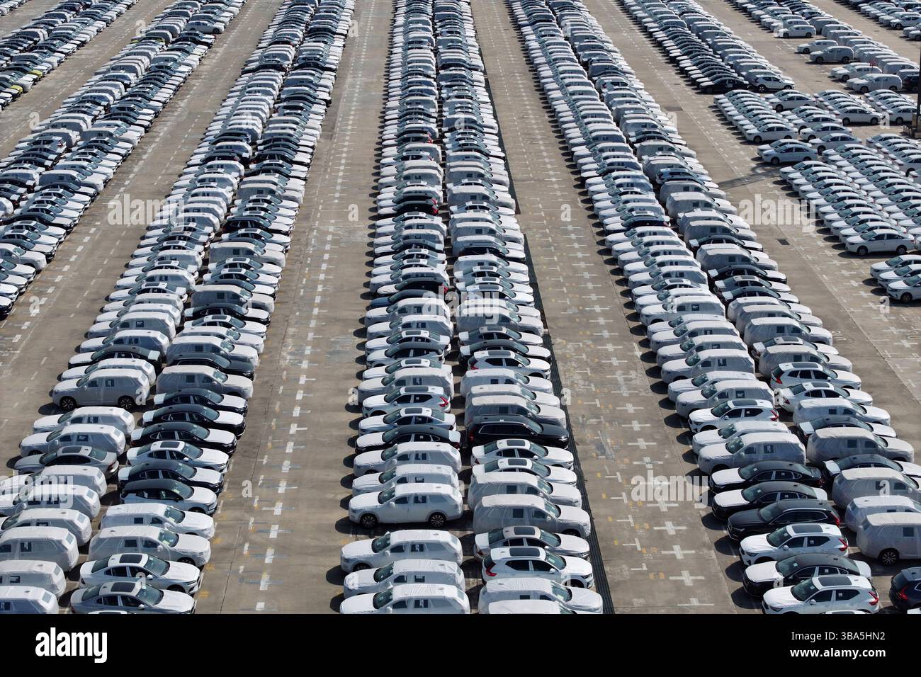 Aerial view of new cars waiting for shipment at a port in Nanjing in ...