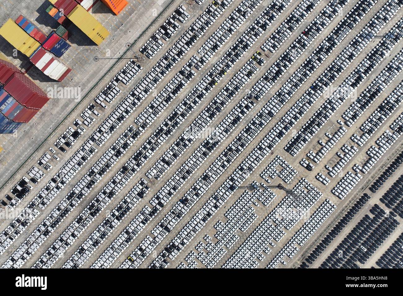 Aerial view of new cars waiting for shipment at a port in Nanjing in ...