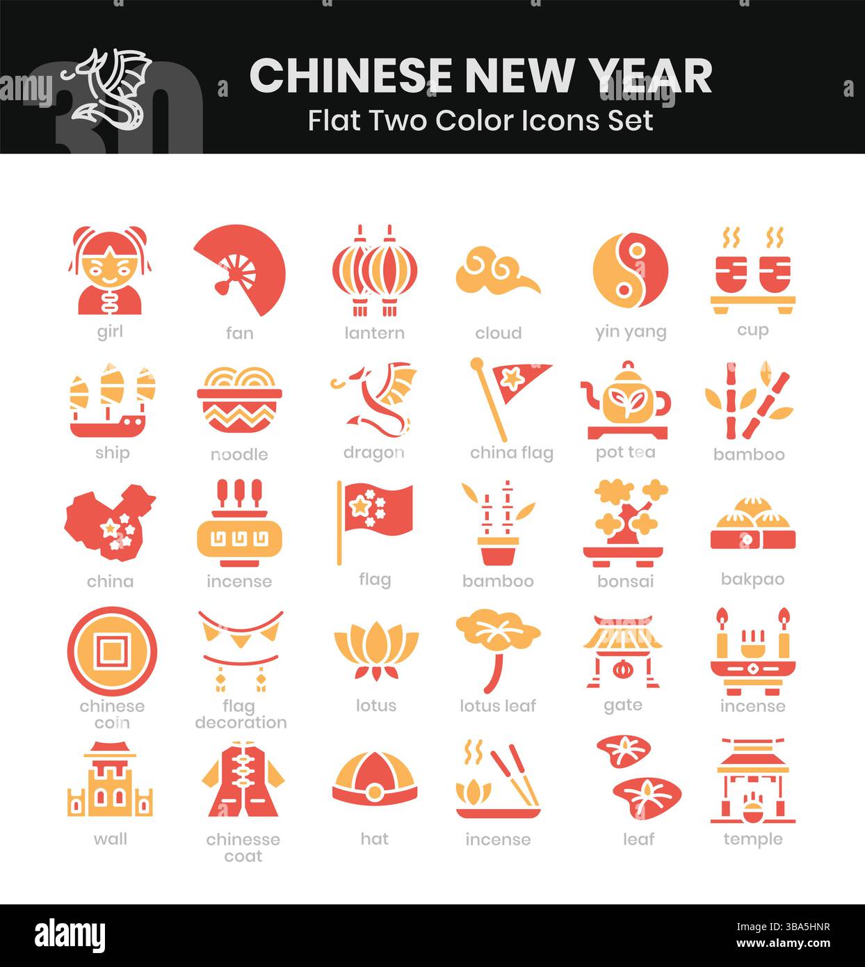 Chinese New Year Icons Bundle. Flat two colored icons style. Vector ...