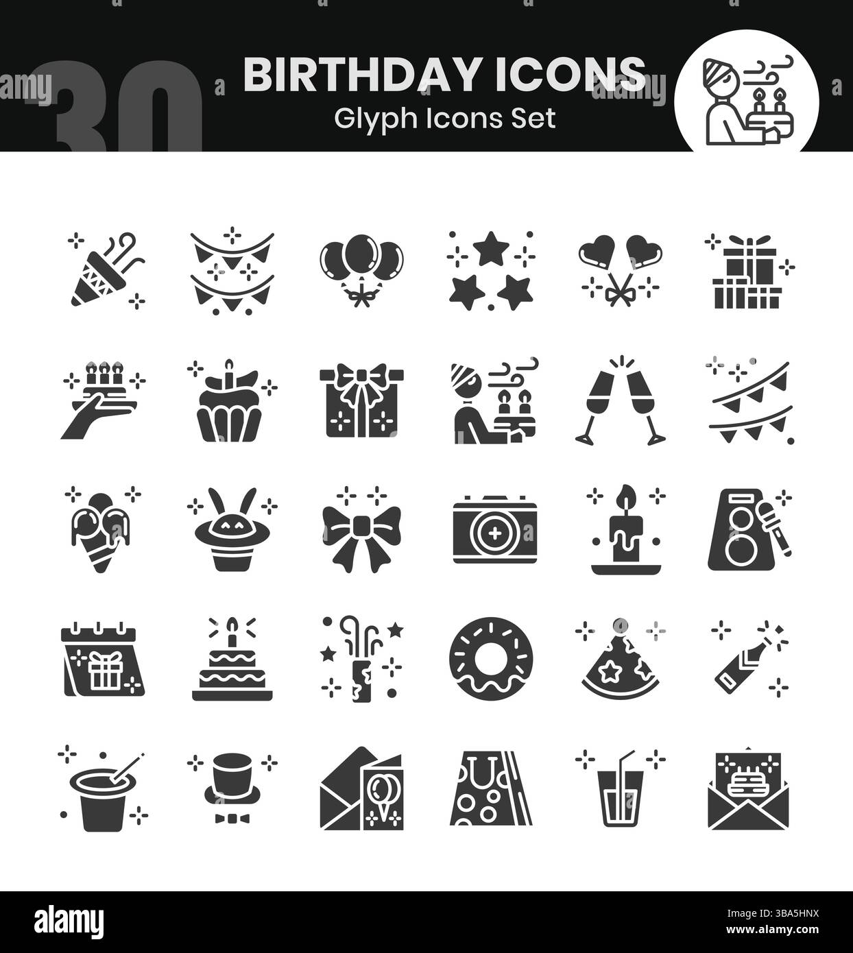 Birthday Icons Bundle. Glyph icon style. Vector illustrations Stock ...