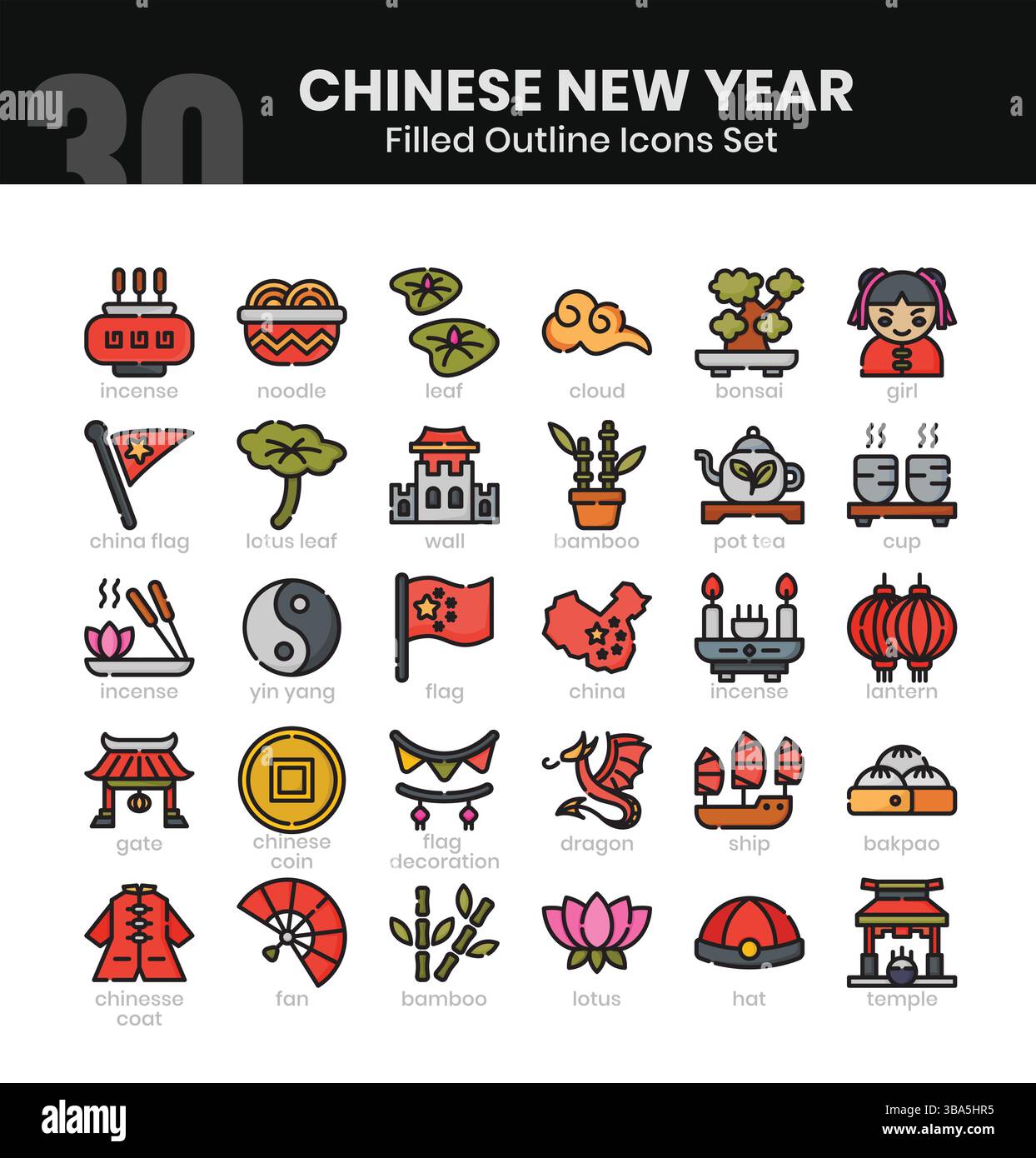 Chinese New Year Icons Bundle. Filled outline icon style. Vector ...