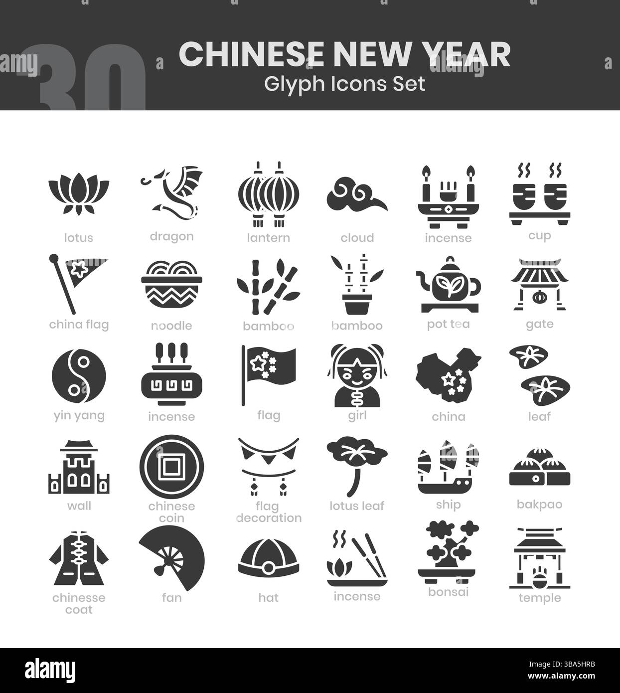 Chinese New Year Icons Bundle. Glyph icon style. Vector illustration ...
