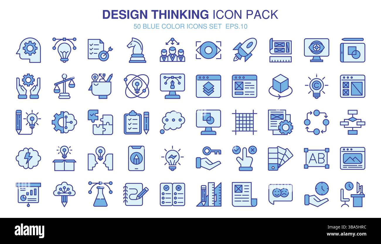 Design Thinking blue color outline icon set.The collection includes of ...
