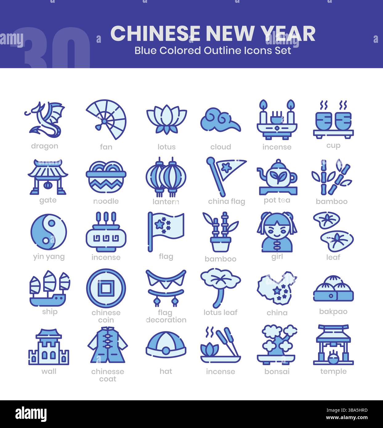 Chinese New Year Icons Bundle. Blue colored outline icon style. Vector ...