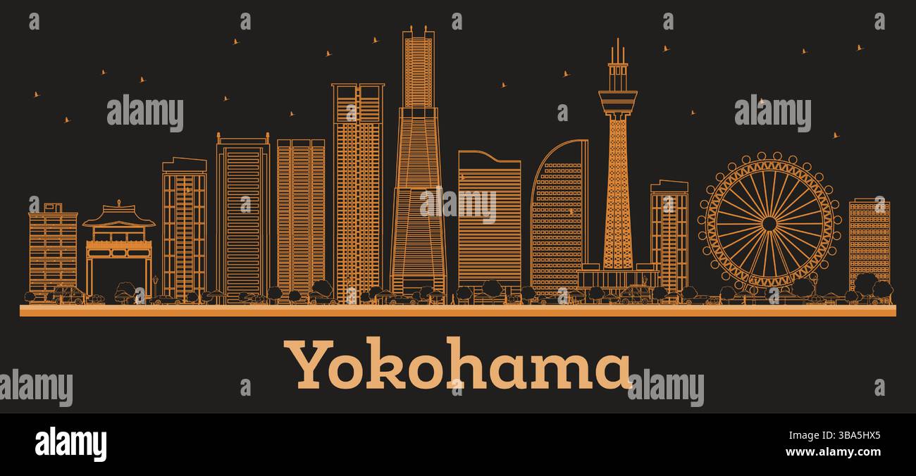 Outline Yokohama Japan City Skyline with orange Buildings. Vector ...